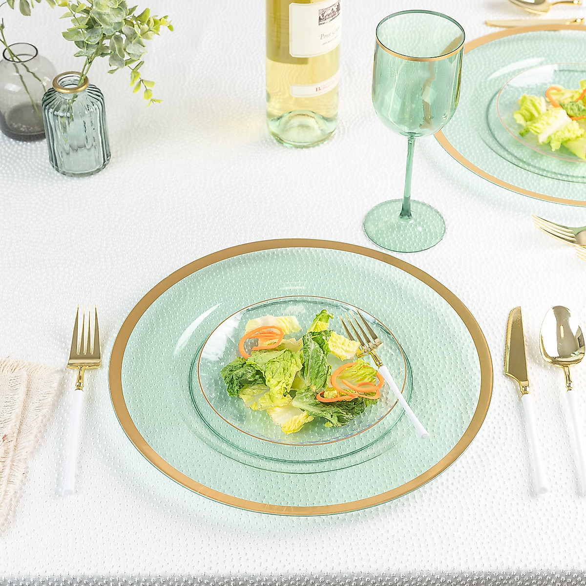 PLASTICPRO Green Wine Cup with Gold rim Plastic Wine Glasses Set of 10 Elegant Wine Goblets Hard Plastic Wine Cups on Stem 12 Ounce Christmas Cups