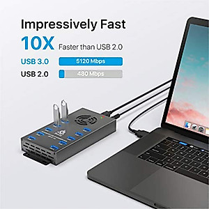 BrovSS: 10 Port USB 3.0 Hub - USB Hub Charger - Powered USB Hub - USB Charging Splitter - Multiple USB Port Hub - Charging Hub with 5V 10A 120W Power Adapter, Cooling Fan, Mounting Brackets (Black)