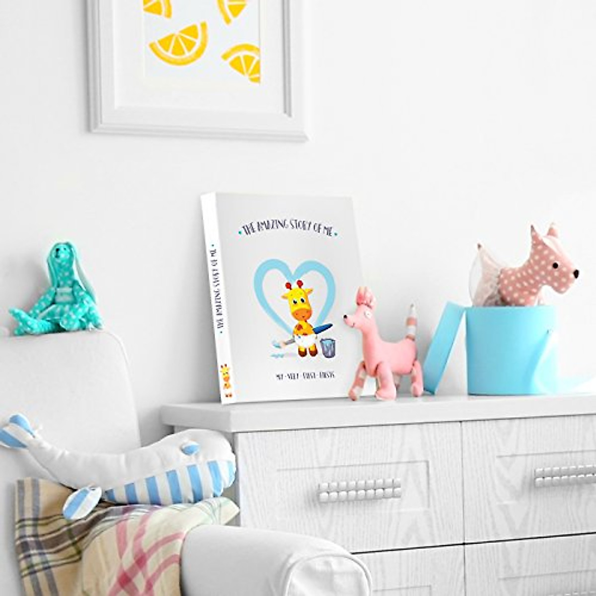 KiddosArt Baby Memory Book. Record Memories and Milestones of The First 5 Years On 72 Beautifully Drawn Pages Starring Lilly The Giraffe Blue. 12 Monthly Stickers Included.