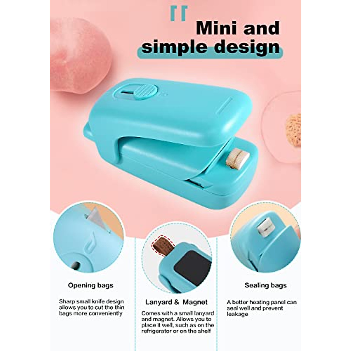 NOBVEQ Mini Bag Sealer, Handheld Heat Vacuum Sealer, Cutter with Lanyard and 2 in 1 Heat Sealer , Portable Bag Resealer Machine for Plastic Bags Food Storage Snacks Freshness (2X AA Batteries Included)