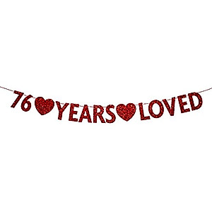 Red 76 Year Loved Banner, Red Glitter Happy 76th Birthday Party Decorations, Supplies