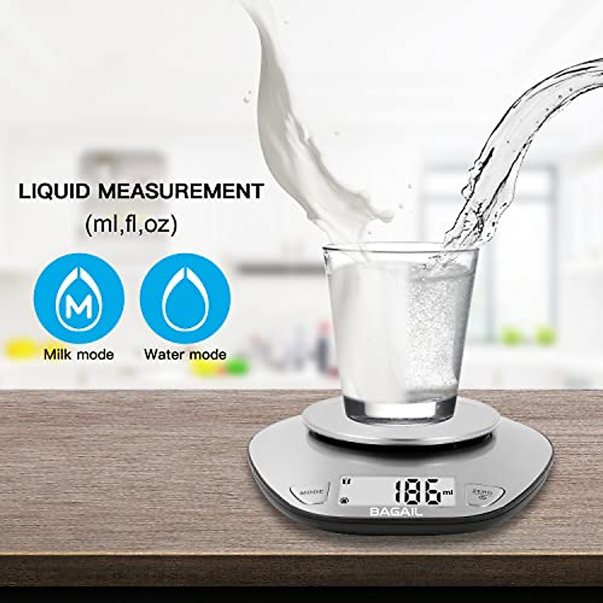 BAGAIL BASICS Electronic Kitchen Scale Premium Large Display Backing Scale Wet and Dry Food Weighing Scale with Stainless Steel Mixing Bowl - 5kg