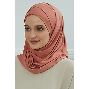 Aisha's Design Instant Hijab Scarves for Women Muslim, 95% Cotton Turban Scarf Head Wrap, Salmon