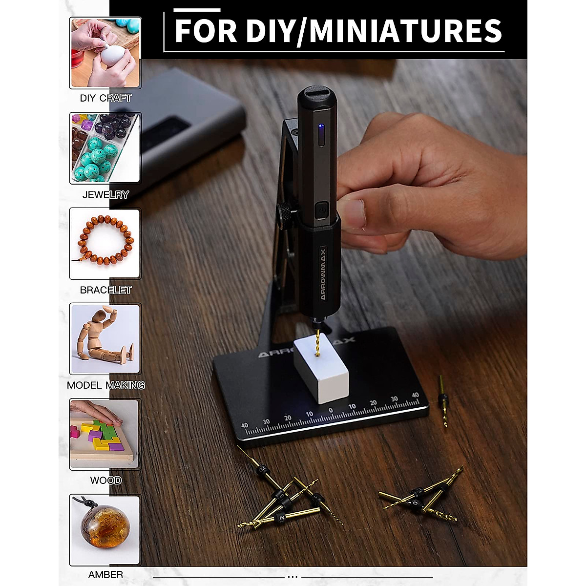 ARROWMAX Mini Electric Drill 15 in 1 with Benchtop Press, Cordless, LED Lights, Needle Vise Hand Drill Kit, 10 HSS Drill bits, 3/32-Inch Keyless Chuck, Variable Direction (SDS MINI PLUS)