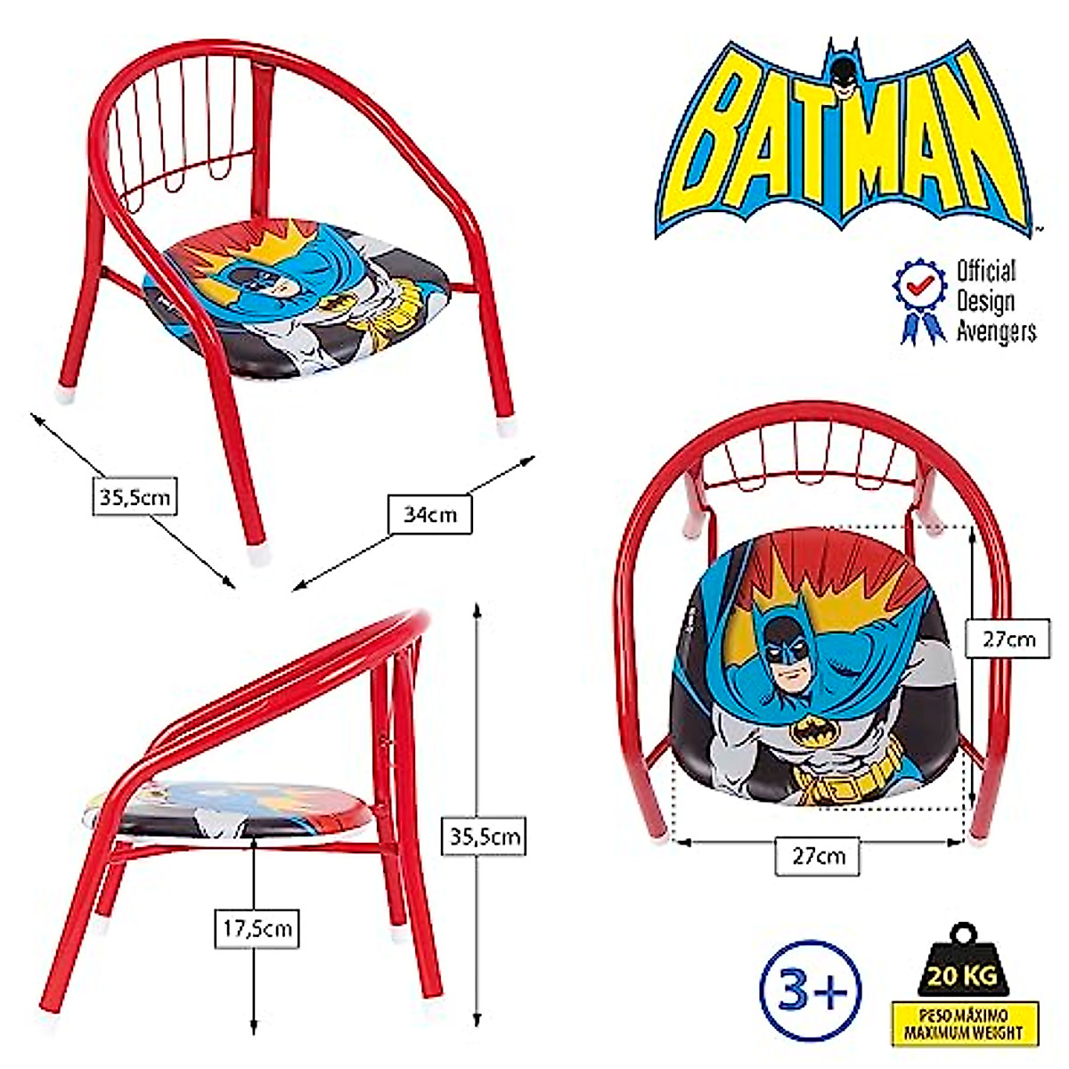 ARDITEX Batman Children's Chair, Metal Chair 35.5 x 30 x 33.5 cm Red