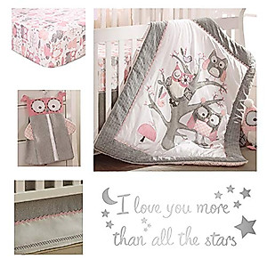 Levtex Baby - Night Owl Pink Crib Bed Set - Baby Nursery Set - Pink, Grey, White - Owls in a Tree - 5 Piece Set Includes Quilt, Fitted Sheet, Diaper Stacker, Wall Decal & Crib Skirt/Dust Ruffle