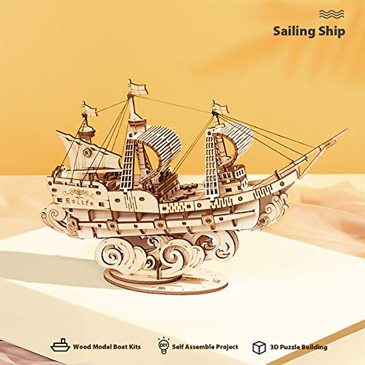 Rolife 3D Wooden Puzzles Model Kit for Adults to Build, Wooden Model Ship Series Sailing Ship Building Model Kit, DIY Crafts Hobbies/Collections/Decorations/Gifts for Friends and Family (Sailing Ship)