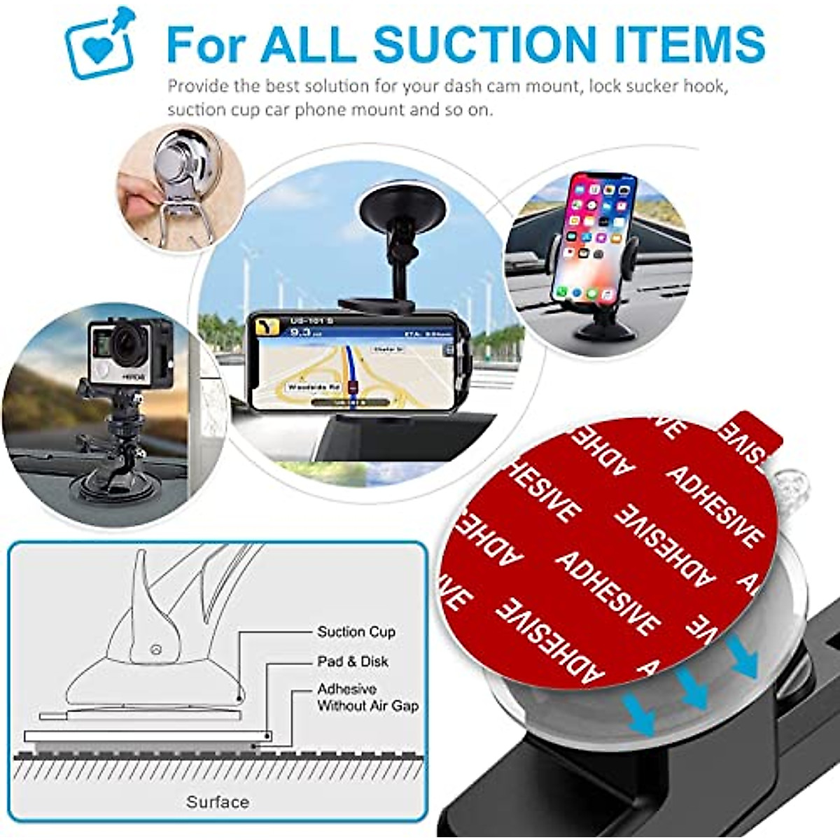 9 PCS 80mm(3.15 inches) Adhesives Pads for Dashboard/Windshield Suction Cup Mount, Transparent Double-Sided Sticker Windshield Mount Adhesives for Dashboard Mounting Disk/Camera/GPS/Car Phone Mount