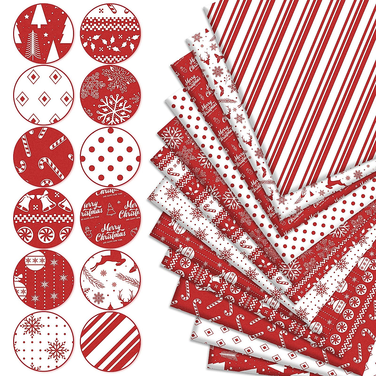 Whaline 12Pcs Christmas Cotton Fabric Bundles White Red Xmas Tree Snowflake Reindeer Printed Fat Quarters Holiday Sewing Fabrics for DIY Handmade Crafting, 18 x 22 Inch