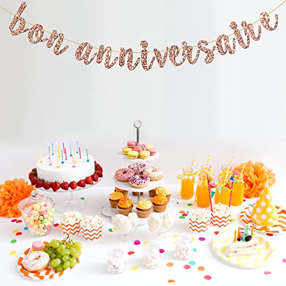INNORU Bon Anniversaire Banner, French Theme Birthday Party Decorations, Birthday Anniversary Party Bunting Garland, Birthday Party Decorations, Rose Gold Glitter