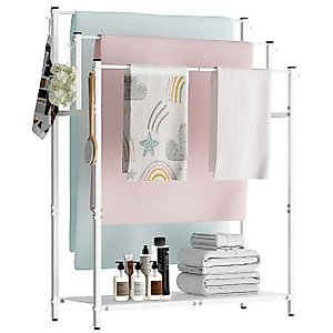 Mondazie 44” Tall Free Standing Towel Racks with 6 Hooks for Bathroom, 3 Tiers Oversized Pool Bath Towels Drying Stand, Metal Blanket Ladder Holder with Storage Shelf for Bedroom Living Room, White