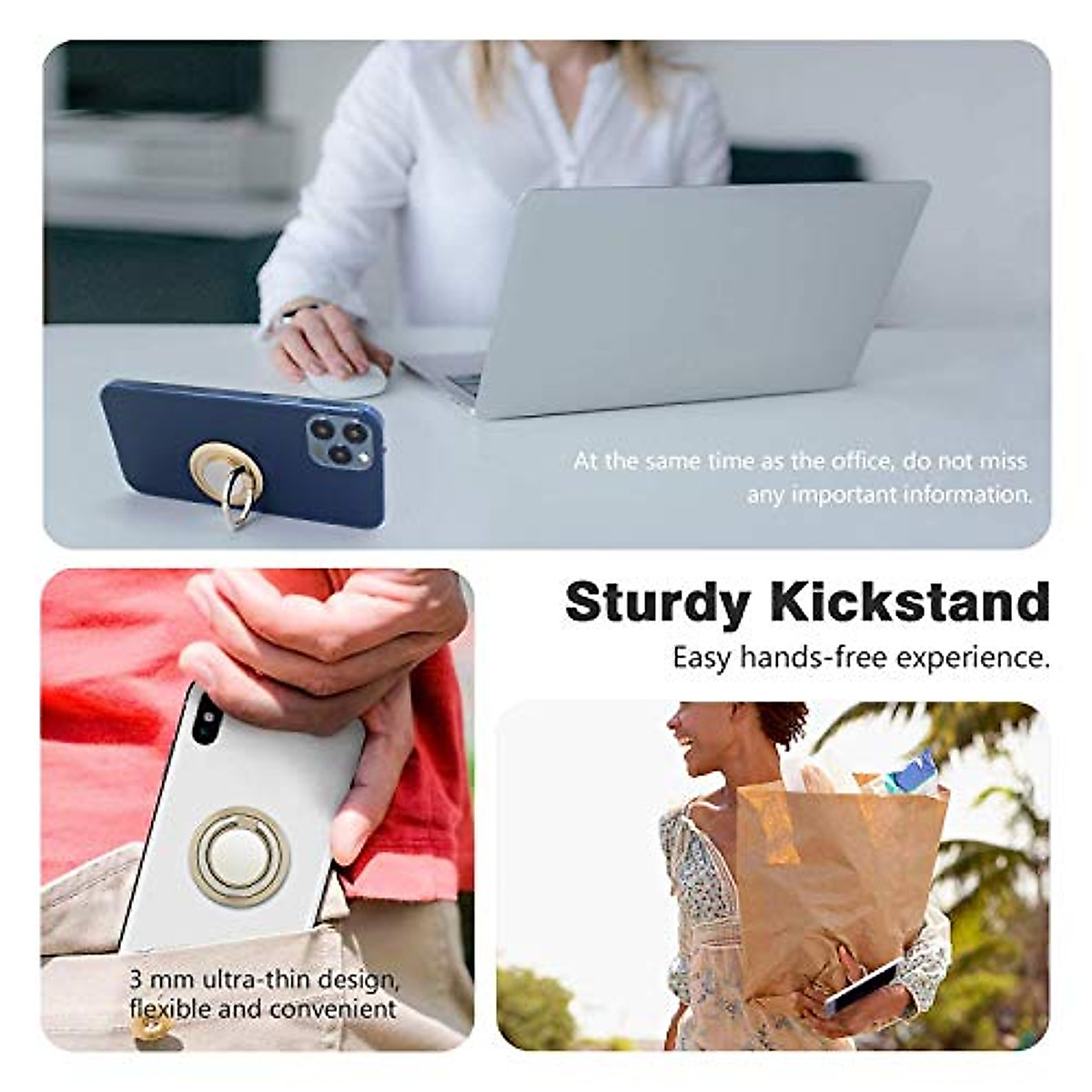 3 Pcs Cell Phone Ring Holder, Yiwanson Phone Ring Holder Finger Kickstand, 360 180 Degree Rotation, Mirror Ring Holder Bracket on Back of Phone, for All Smartphone (Gold/ Pink/ Black)