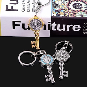 OEMOO 2Pcs Saint Benedict Medal Keychain, Silver/Gold Toned Saint Benedict Jubilee Medal Key Shaped Pendant Key Chain, Fine Detail Great Gift for Family Friend