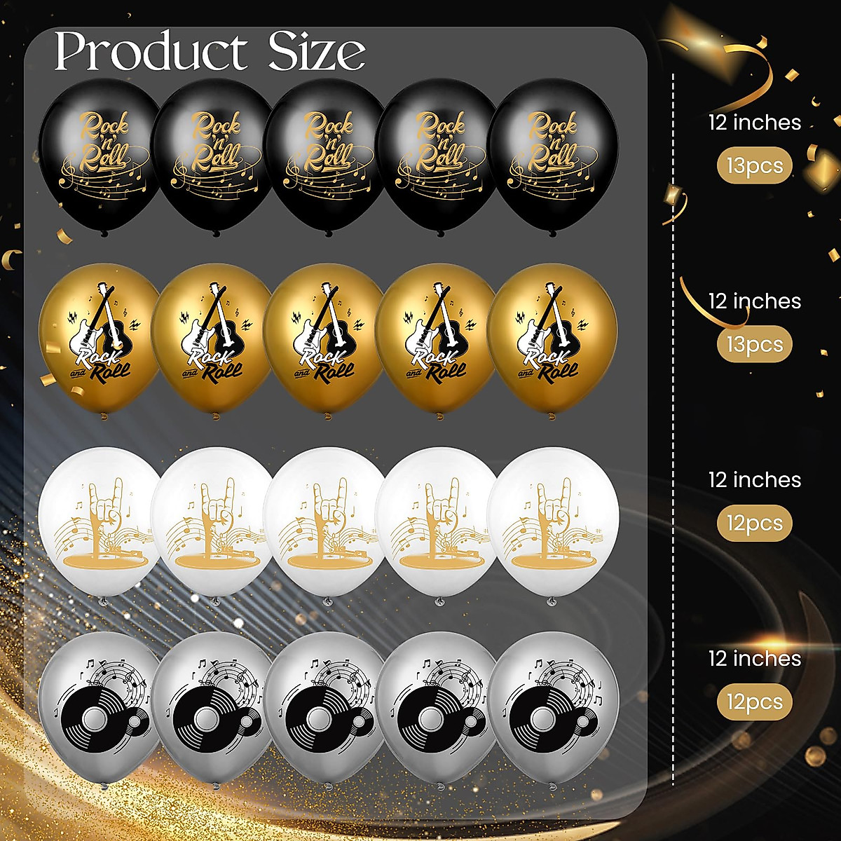 50Pcs Rock and Roll Music Balloons Black Gold Hip Hop Party Decorations Balloons Retro Guitar Music Themed Latex Balloon for Men Women Rock 80's 90's Birthday Rock Star Disco Party Supplies