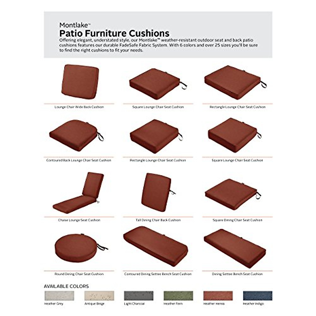 Classic Accessories Montlake FadeSafe Water-Resistant 25 x 25 x 5 Inch Square Outdoor Seat Cushion Slip Cover, Patio Furniture Chair Cushion Cover, Heather Henna Red, Patio Furniture Cushion Covers