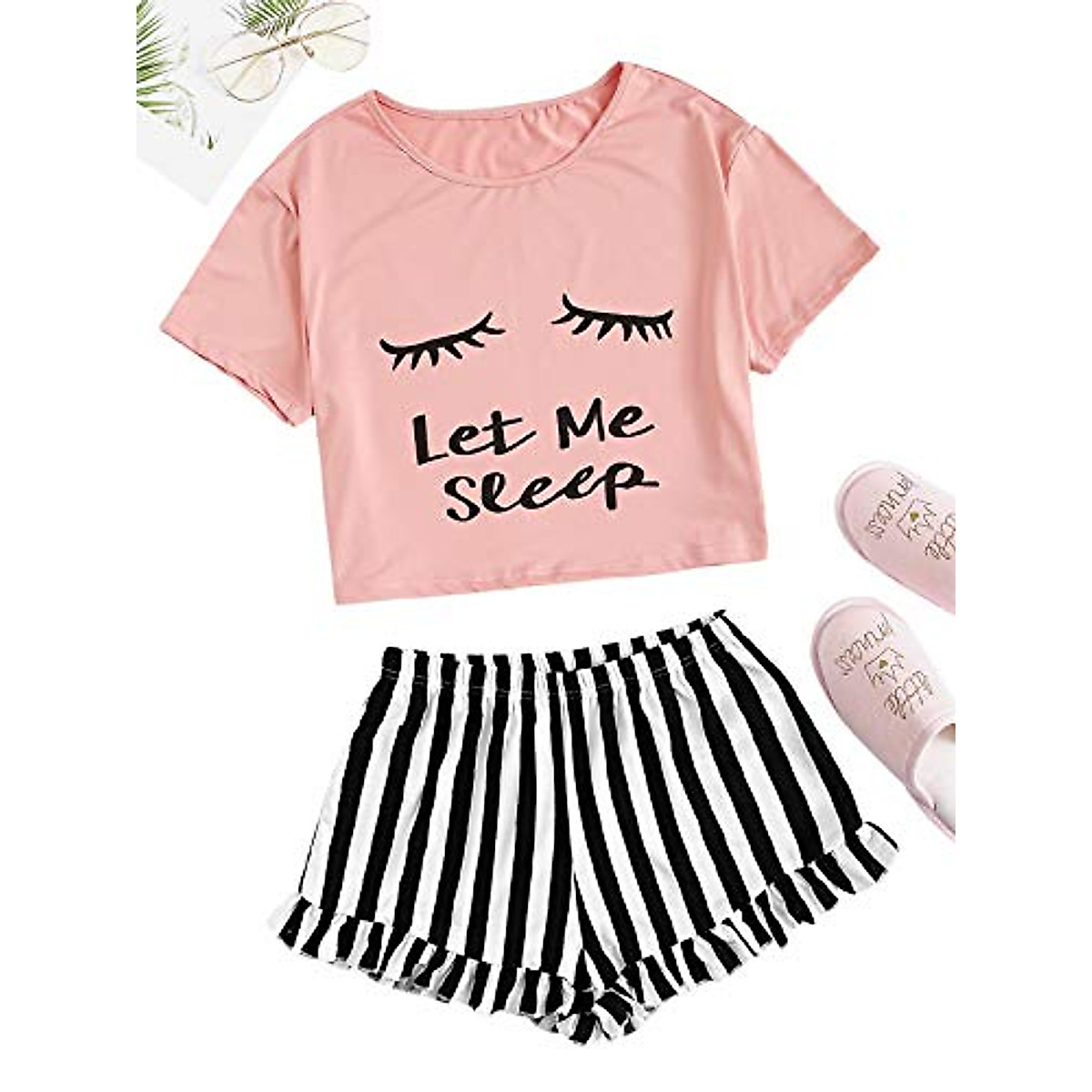 WDIRARA Women's Sleepwear Closed Eyes Print Tee and Shorts Cute Pajama Set Pink XS