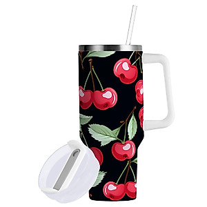 ARGTILDN 40 oz Tumbler Cherry Fruit Leaves Insulated Travel Mug with Handle and Straw Lid Stainless Steel Vacuum Coffee Cup Tea Beverage Container Water Bottles for Car Sports office