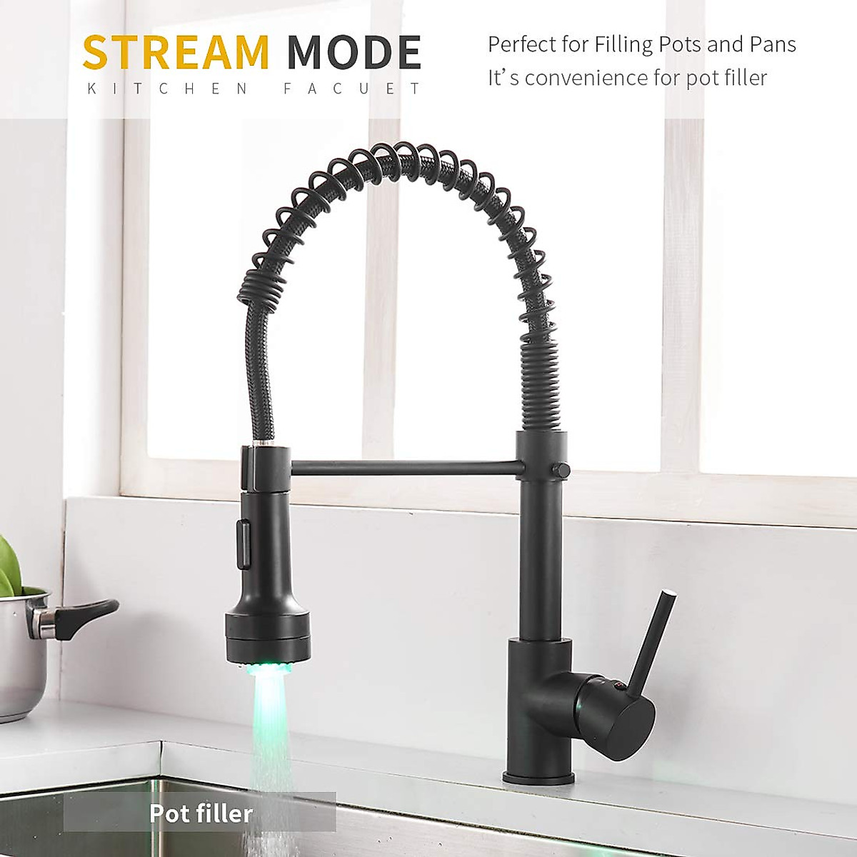 AIMADI Kitchen Faucet with Sprayer, Modern Single Handle Pull Down Sprayer Spring Matte Black Kitchen Sink Faucet with LED Light