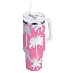 DIGTIA Stainless Steel Insulated Tumbler w/Handle & Straw, Palm Trees Pink Double Wall Vacuum Travel Coffee Mug Cup w/Lid, Leak-Proof Sports Tropical Water Bottle,30oz