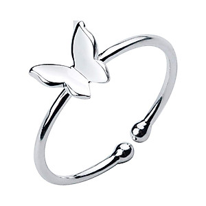 Sterling Silver 925 Dainty Butterfly Ring Minimalist Adjustable Open Tail Finger Stacking Band Promise Engagement Ring Wedding Bands Toe Band for Women