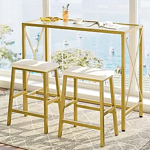 HOOBRO Bar Table Set of 2, 3 Piece Modern Bar Table and Chairs Set, 39.4'' Pub Table Dining Set, Counter Height Table, for Living Room, Kitchen Small Space, Gold and White GD14BT01