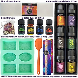 Soap Making Kit for Adults, Make Your Own Soap with Melt and Pour diy Natural Soap supplies; 6 Essential Oils, Silicone Soap Mold, Spoon, Dried Flowers, 2lbs. Shea Butter Soap Base, 4 Colors, 9 Labels