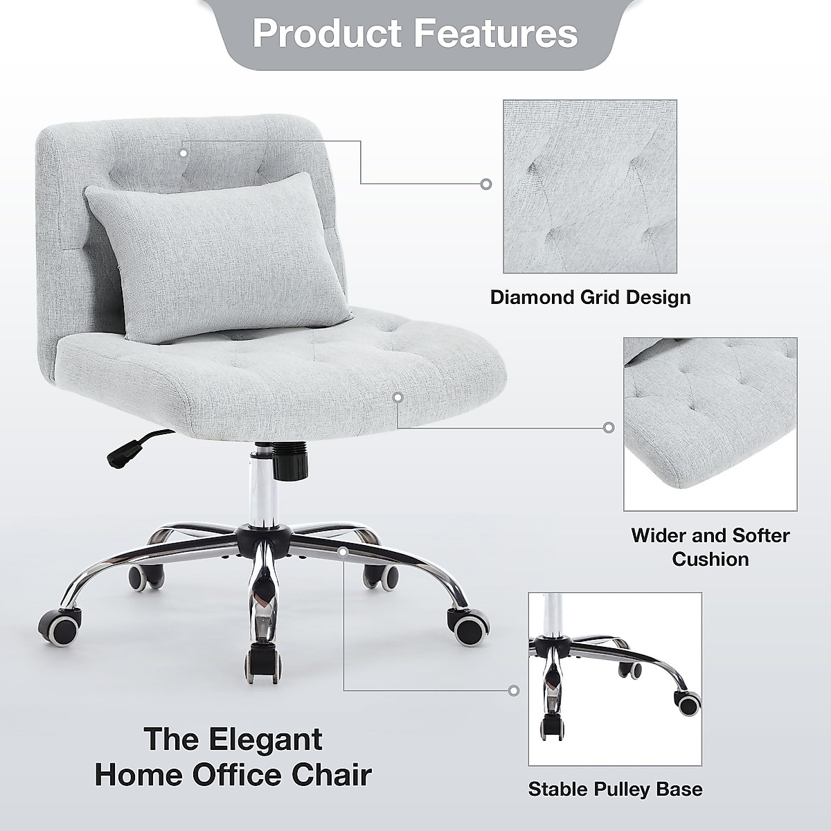 Armless Fabric Office Desk Chair with Wheels, Cross Legged Wide Seat Chair, Modern Home Office Chair with Lumbar Pillow, Comfortable Computer Task Chair for Small Space, Vanity Chair for Women, Girls