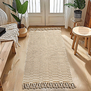 Boho Runners for Hallways, 2' x 6' Washable Hall Carpet Runner Rug Hand-Woven Washable Kitchen Rug Natural Cotton Striped Floor Mat for Entryway Indoor Bedroom Farmhouse Laundry Room