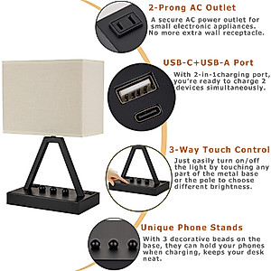Briever USB C Touch Control Table Lamp, 3-Way Dimmable Desk Lamp with USB C & USB A and AC Outlet, Bedside Lamps with Phone Stands for Bedroom, Living Room, Office, LED Bulb Included, Black