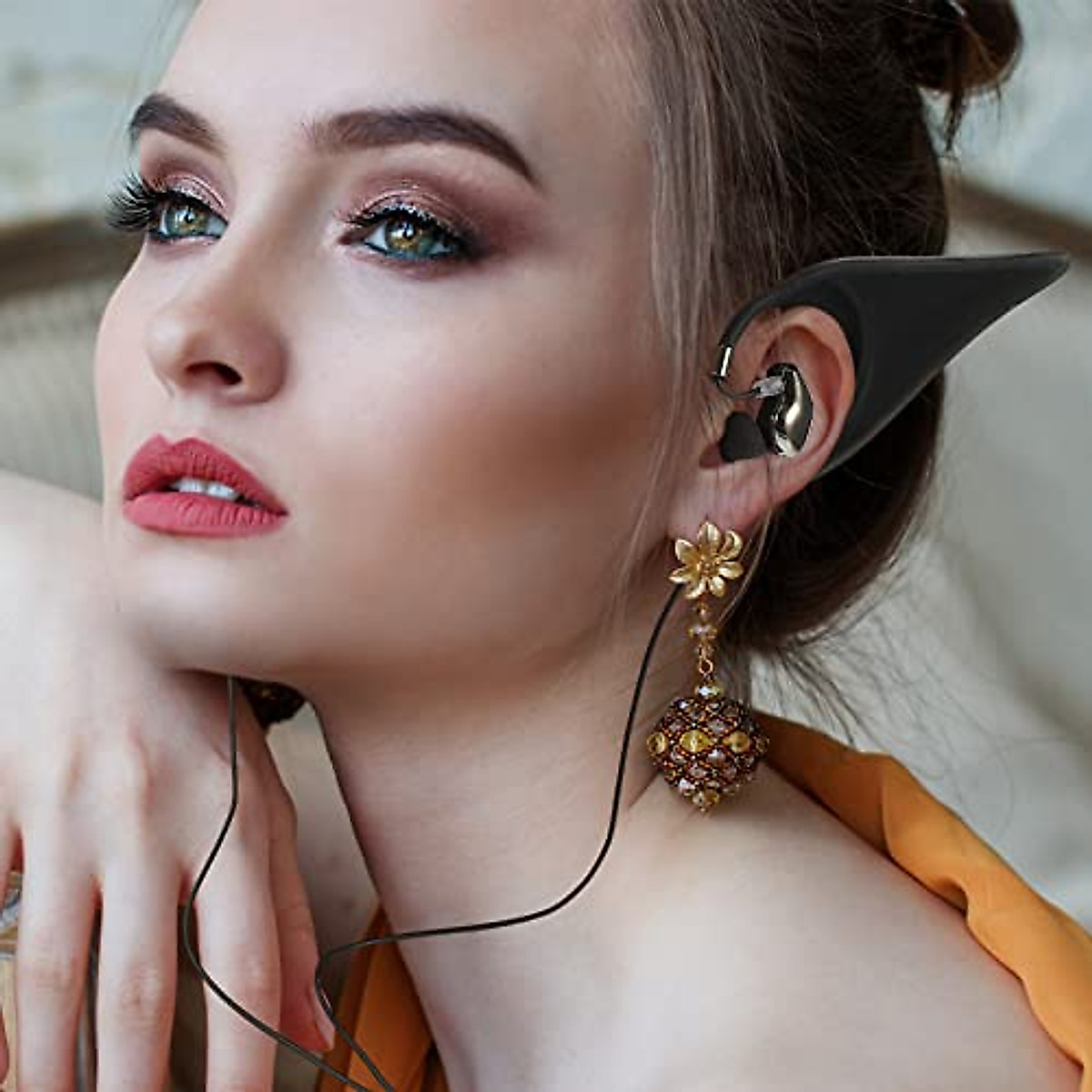 ibasenice Elf Earbuds Earphones Fairy Headphones in- Ear Headset with Microphone Fake Elf Ears Cosplay Anime Costume Accessories Black