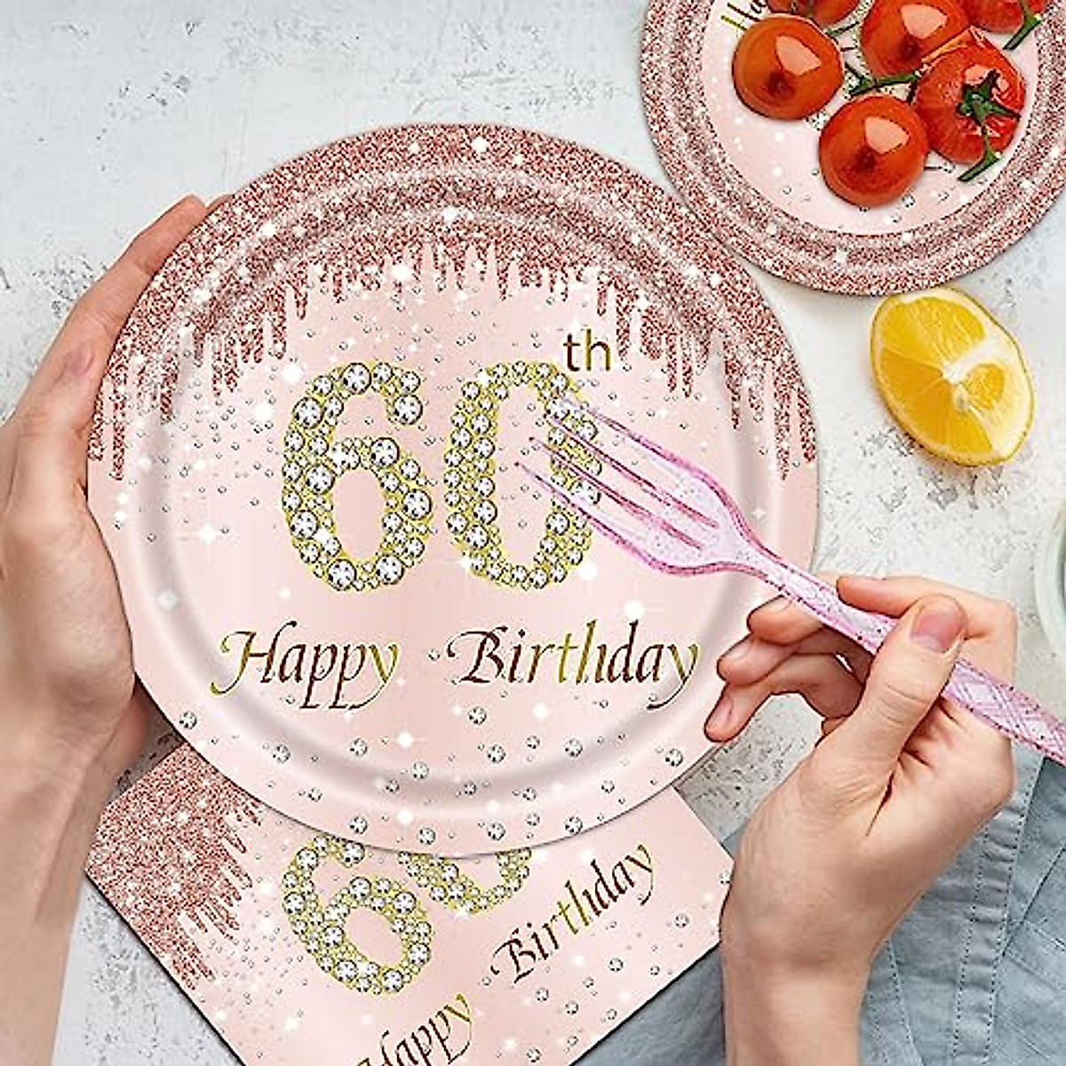 96PCS 60th Birthday Party Tableware Set 60th Birthday Party Supplies 60th Birthday Plates and Napkins 60th Birthday Party Decorations for Women Pink Rose Gold Birthday Plates Napkins Forks Serve 24