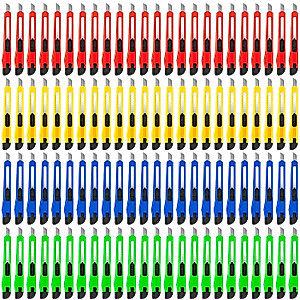 DIYSELF 96 Pack Box Cutters 100 Pcs 9MM Wide Blades of 60 Degrees, Razor Blades Utility Knife, Box Cutter Retractable, Razor Knife Suitable for Cardboard, Boxes and Cartons (4 Colors)