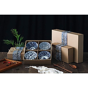 Set of 4 Porcelain Japanese Bowls W Gift Box for Ramen Noodle Udon Noodle Rice Vietnamese Soup Cereal Pho Popcorn Oatmeal (Traditional Blue and White)