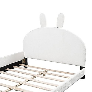 VilroCaz Modern Full Size Upholstered Platform Bed with Cartoon Ears Shaped Headboard for Kids, Teddy Flannel Upholstered Platform Bed Frame with Sturdy Slats Support, No-Noise Design