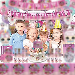 Pink Dolls Birthday Supplies Party Decorations, Pink Girls Theme Birthday Kit Include Banner, Tablecloth, Balloons, Plates, Stickers, Foil Balloons, Gift Bag, Hanging Swirls, Backdrop, Cake & Cupcake Toppers, Cartoon Birthday Gift for Kids