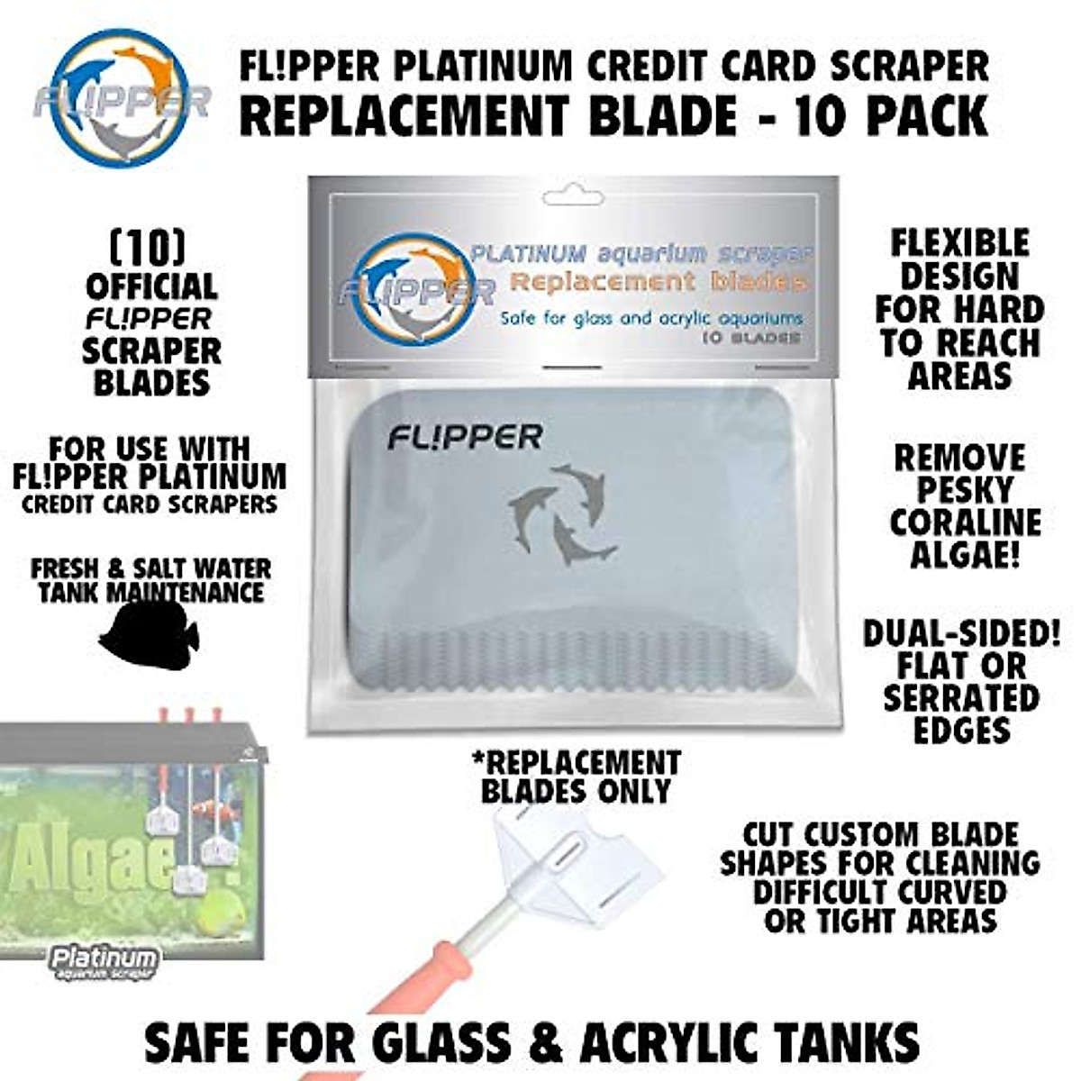 FL!PPER Flipper Platinum Aquarium Hand Scraper Tool – Glass and Acrylic Fish Tank Cleaner – Aquarium Glass Cleaner - Aquarium Glass Scraper with Serrated Blade 18"