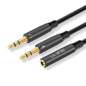 ULBRE Headphone Splitter for Computer 3.5mm Female to 2 Dual 3.5mm Male Headphone Mic Audio Y Splitter Cable Microphone Stereo Jack Earphones Port Cord Gaming Headset to PC Laptop