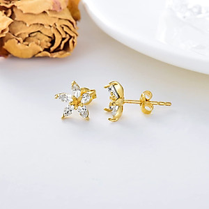 14K Real Solid Gold Crystal Flower Stud Earrings for Women Gifts for Her Screw Back Floral Sutd Earrings 8.5mm