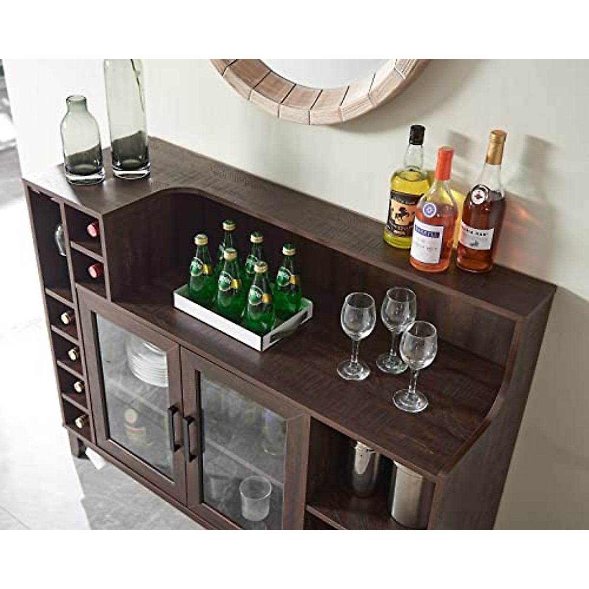 Home Source 36.6" Modern Home Bar Ensemble: Coffee Bar Shelves, Sideboard Cabinet, and Bar Console Cabinet with Glass Hanging Space Rack (Mahogany)