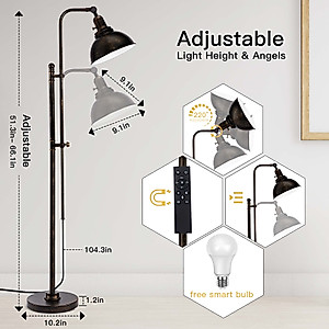 PARTPHONER Industrial Floor Lamp Adjustable, Rustic Farmhouse Reading Lamp in Aged Black Finish, Modern Standing Lamp with Remote Control Metal Shade for Living Room Bedroom Study Room Office Hotel