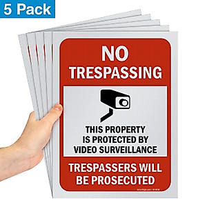 SmartSign (Pack of 5) 12 x 9 inch “No Trespassing - Property Protected By Video Surveillance” Sign, Screen Printed, 10 mil Polystyrene Plastic, Red/Black on White, Made in USA