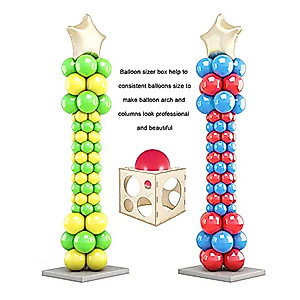Auihiay 12 Holes Wood Balloon Sizer Cube Box with 200 PCS Balloon Glue Points, Collapsible Balloon Size Measuring Tool for Balloon Garland Balloon Columns Balloon Arches Decorations (2-10 INCH)