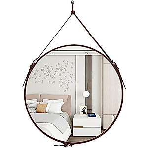 HofferRuffer Round Wall Mirror Decorative Mirror, Hanging Mirror with Hanging Strap Silver Hardware Hooker/Hanger, Diameter 23.6 inch, Brown-L