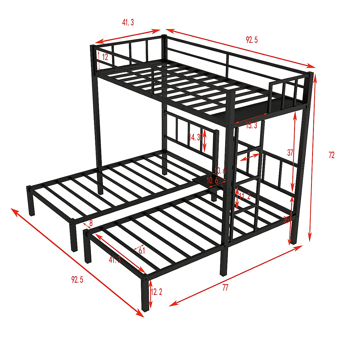 Bellemave Metal Triple Bunk Beds Frame, Twin Over Twin & Twin Bunk Bed with Guardrails, Can Be Separated into 3 Twin Beds for Kids, Teens, Adults, No Box Spring Needed (Black)