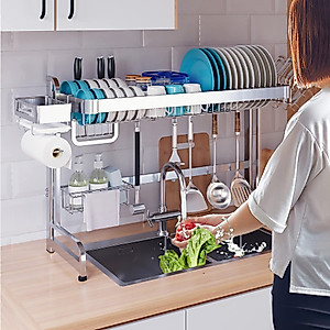 LIVOD Over The Sink Dish Drying Rack, 2 Tier Stainless Steel Over Sink Dish Drying Rack Adjustable (25.6"-37.6"), Large Over Sink Dish Rack for Kitchen Space Saving, Silver