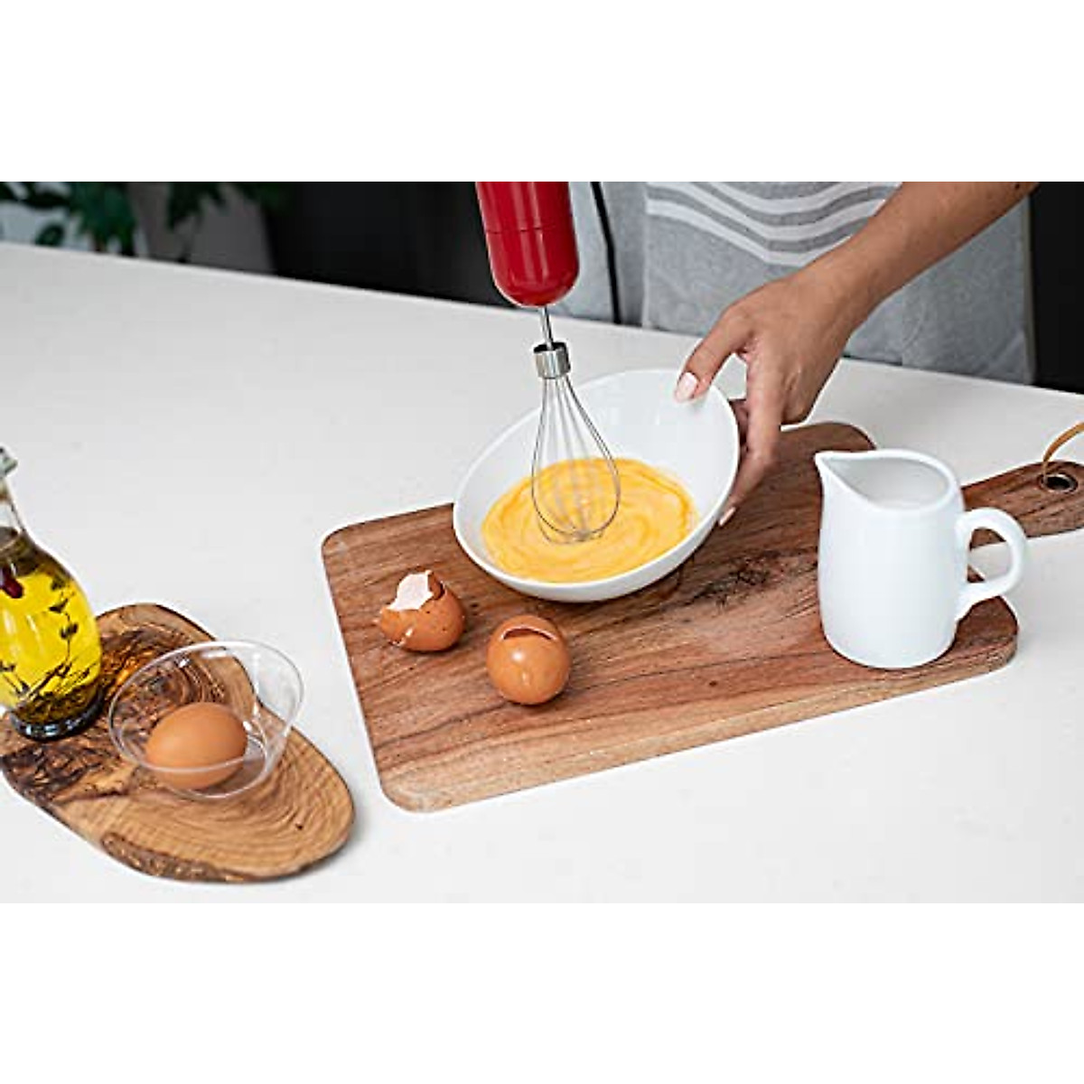 OVENTE Immersion Electric Hand Blender 300 Watt Power 2 Mix Speed with Stainless Steel Blades, Handheld Stick Mixer Set with Egg Whisk Attachment Mixing Beaker and BPA-Free Food Chopper, Red HS565R