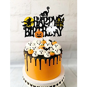 Halloween Cake Topper Glitter Halloween Birthday Cake Toppers Decorations for Boys Girls Spooky Cat Witch Ghost Castle Pumpkin Halloween Happy Birthday Party Decoration Supplies