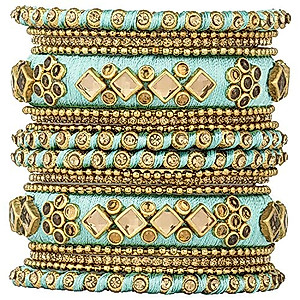 Aheli Ethnic Handmade Silk Thread Faux Stone Studded Bangle Set Chudha Indian Traditional Wedding Wear Fashion Jewelry for Women (Light Green 2.8 Inch)