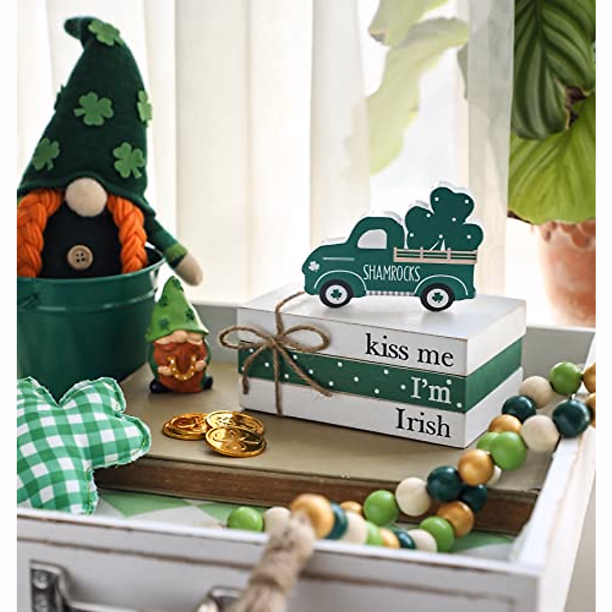 St. Patrick's Day Tiered Tray Decor, 1 St. Patrick's Wood Book Stack, 1 Bead Garland, I’m Irish Shamrock Mini Faux Decorative Books Bundle, Farmhouse St. Patrick's Party Table Mantle Decor