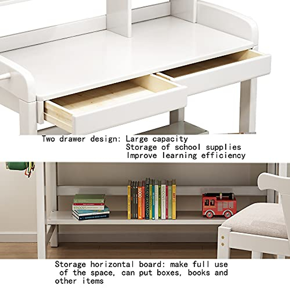 BALANBO Kids Desk with Drawer and Bookshelf Wooden Children’s Media Desk Student's Study Computer Workstation and Writing Table (White)